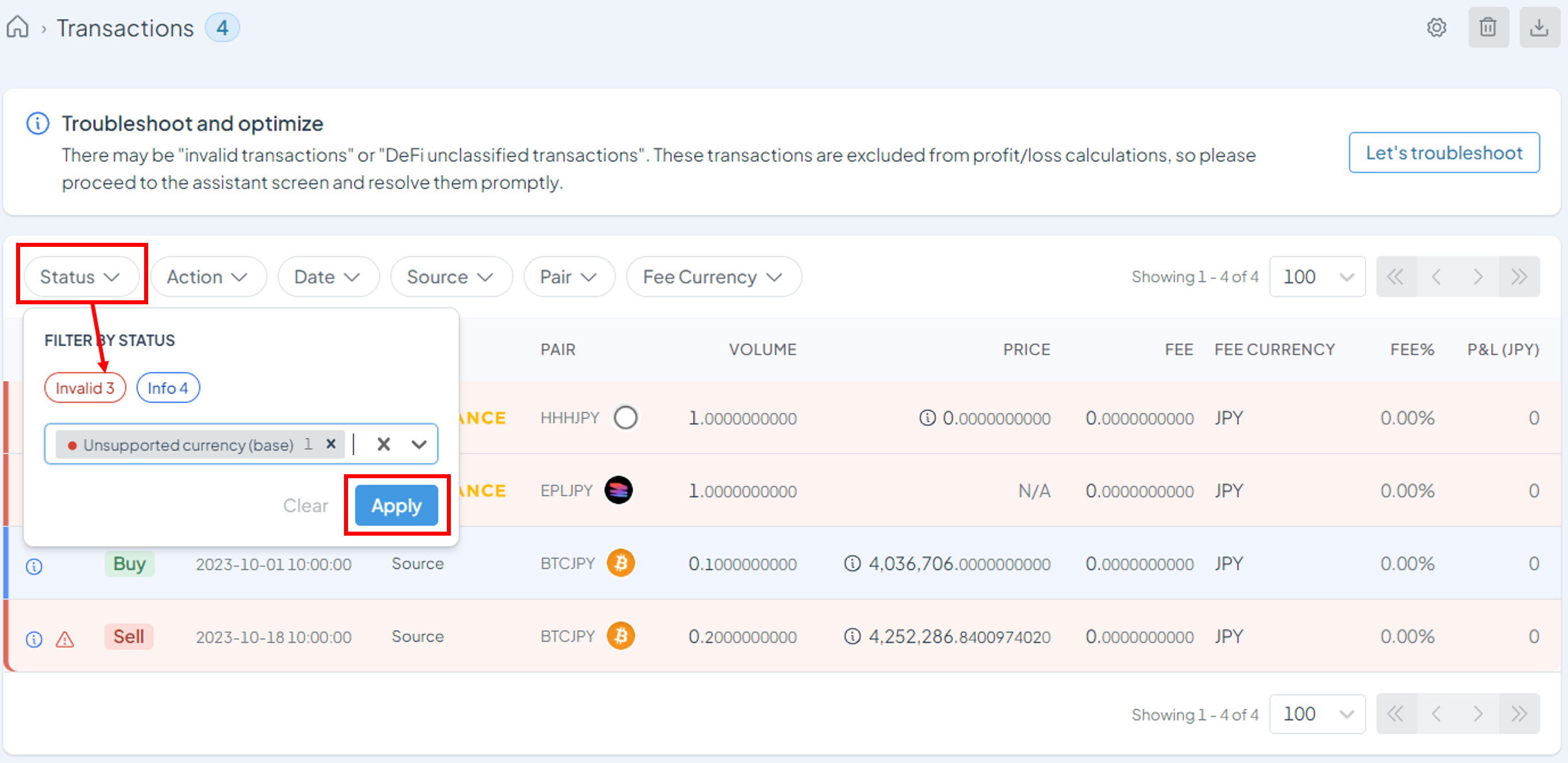 How to fix invalid transactions caused by "Unsupported currency" – Cryptact Help Center