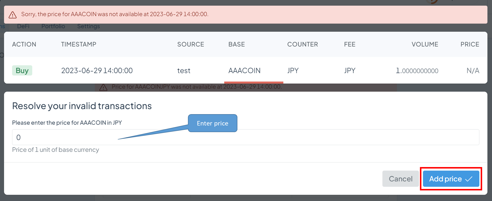 How to fix invalid transactions caused by "Price lookup unavailable ...
