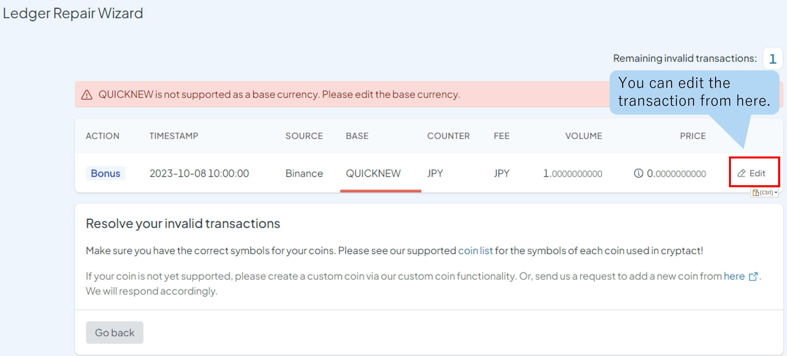 How to fix invalid transactions caused by "Unsupported currency" – Cryptact Help Center