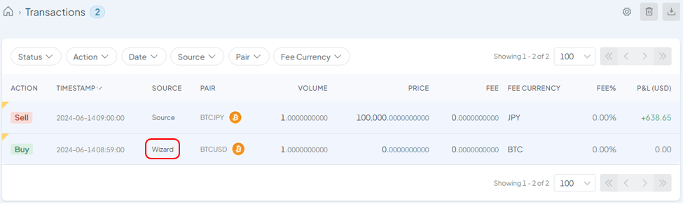 What is "Wizard" in the Source of the list of transactions? – Cryptact Help Center